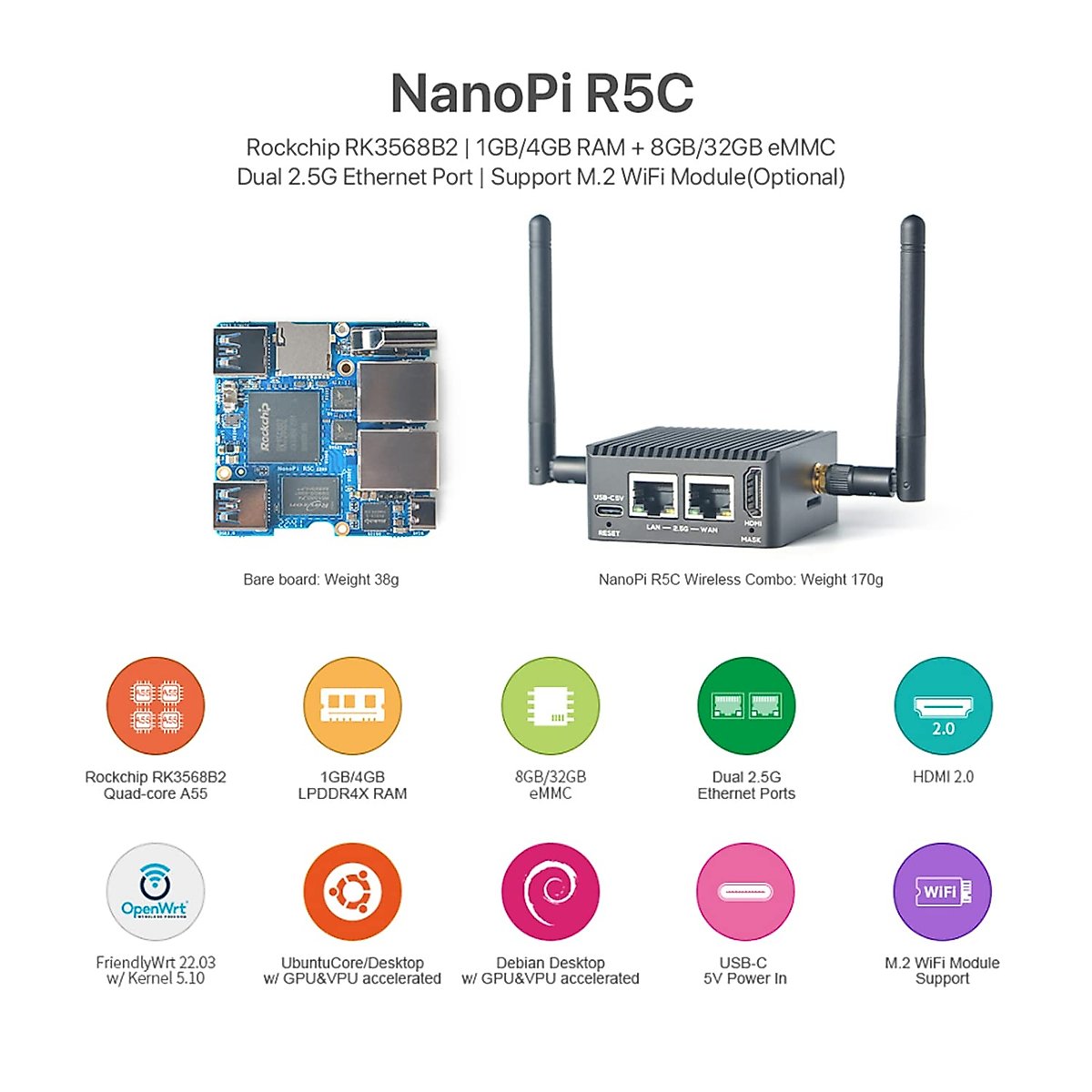 Nanopi R5C Mini WiFi Router OpenWRT with Dual PCIe 2.5Gbps Ethernet M.2 Key E USB Ports 2GB LPDDR4X RAM 32GB eMMC Based in Rockchip RK3568B2 Soc 0.8T NPU for IOT NAS Smart Home Gateway Support Ubuntu