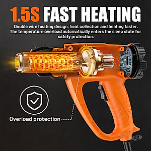 SEEKONE Heat Gun 1800W Heavy Duty Hot Air Gun Kit Variable Temp Control with 2-Temp Settings 7 Accessories 140℉-1112℉（60℃- 600℃）with Overheat Protection for Crafts, Shrinking PVC, Stripping Paint