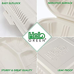 HeloGreen Eco Friendly 3 Compartment 100 Count 8"x8" To Go Food Containers - To Go Containers Disposable, Take Out Food Containers, To Go Boxes for Food, Clamshell Food Container, Heavy Duty To Go Box