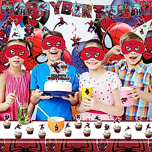 Spider Birthday Decorations, Spider Birthday Party Supplies Include Banner, Balloons, Spider Masks, Spider Stickers, Tablecloth and Backdrop for Girls Boys Birthday Party Decorations
