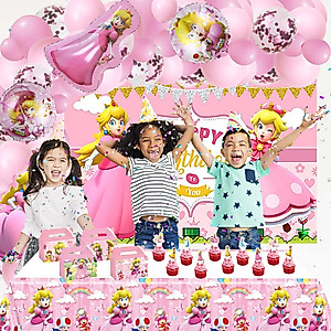 Princess Peach Birthday Party Supplies, Princess Peach Theme Party Decorations, Princess Peach Theme Party Favors Include Garland Arch Kit, Foil Balloon, Backdrop, Tablecloth