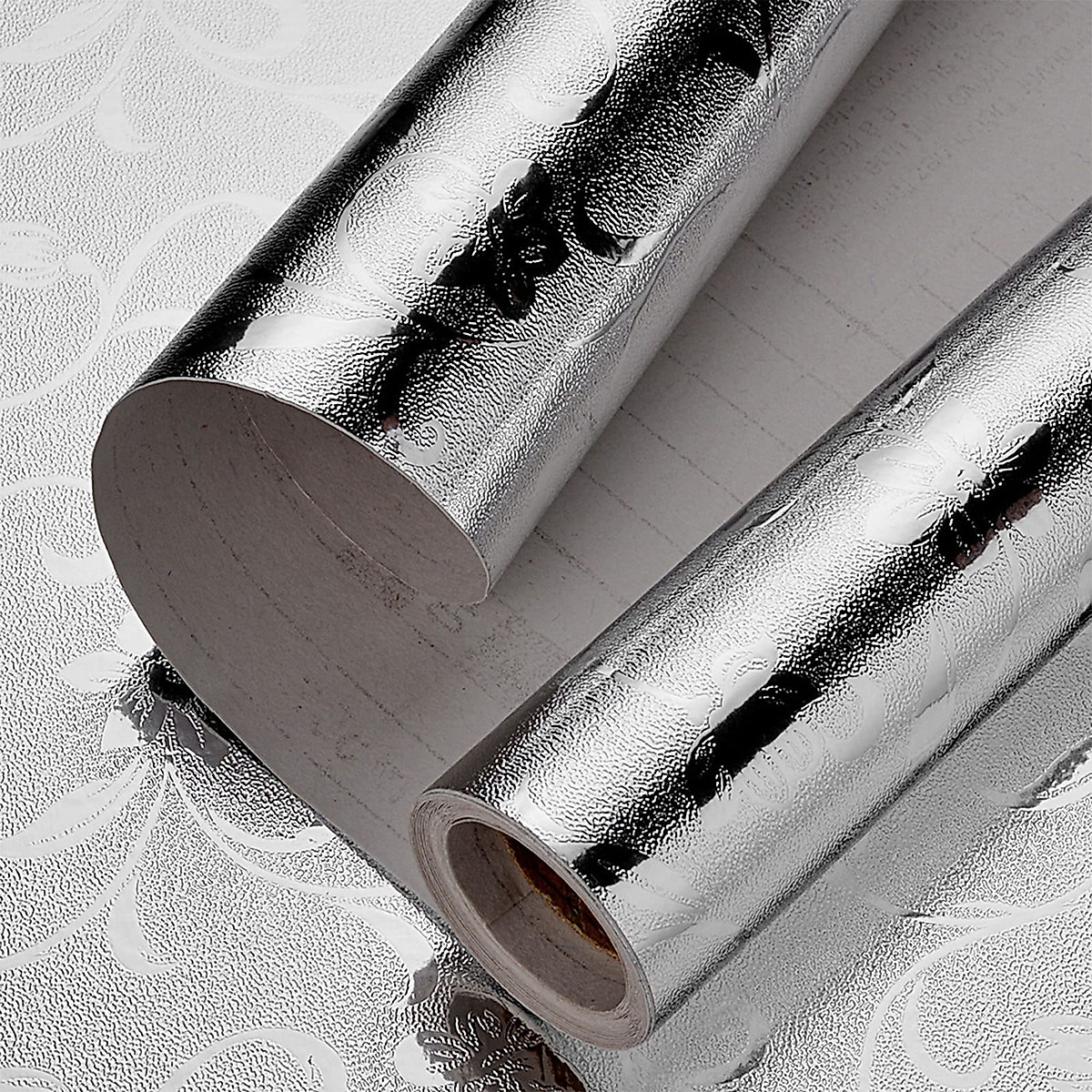 Oil Proof Kitchen Backsplash Wallpaper 15.7x196.8in/0.4x5m, Aluminum Foil Contact Paper, Peel and Stick Backsplash for Countertop, Kitchen Wall Sticker for Shelf (Silver)