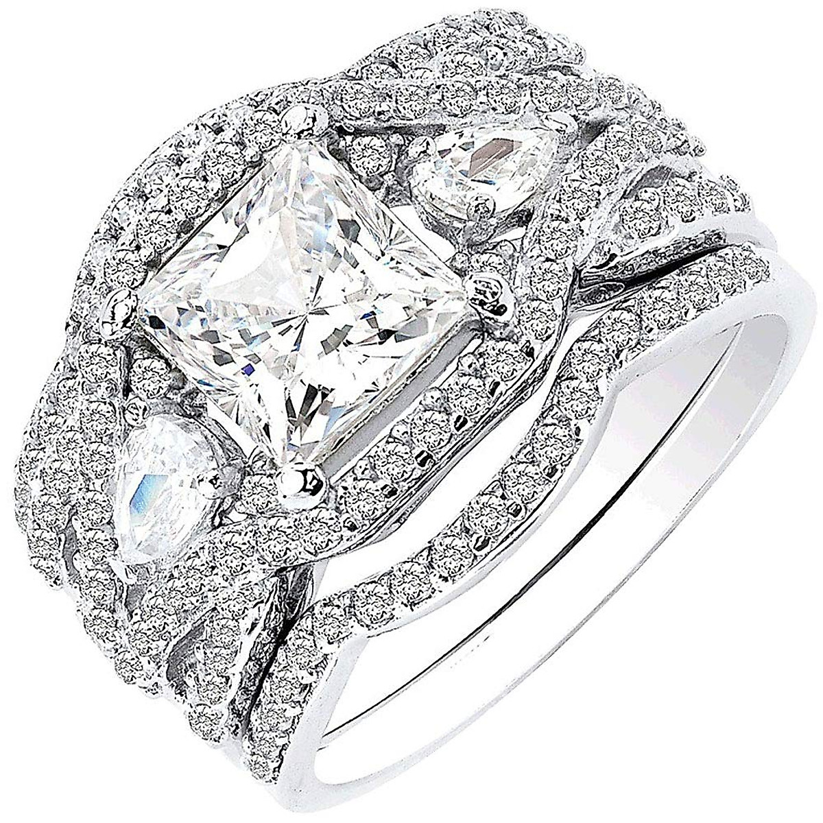 AONEW Women Engagement Wedding Ring Set White Gold 3pcs Princess White Cz Size 5-12 Size 9