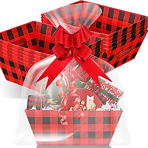 Yeaqee 36 Pcs Christmas Baskets for Gifts Empty Set Includes 12 Buffalo Plaid Christmas Basket for Gifts to Fill, Sturdy Cardboard Baskets Bulk 12 Bags 12 Pull Bows for Christmas Xmas