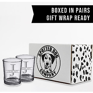 Personalized 2pk; set of two Engraved 2.5oz Shot Glass, Custom Etched Shot Glasses, Groomsmen, Customized Bridesmaid, Wedding Favors, Customized Birthday Gifts, Anniversary, Cute, Halpert Monogram