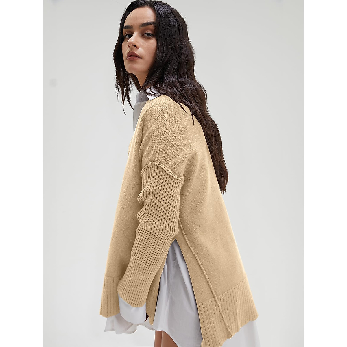 DEEP SELF Women's V Neck Oversized Sweaters 2024 Fall Winter Long Sleeve Split Hem Casual Asymmetric Tunic Pullover Sweater Knit Tops (Apricot, Small)
