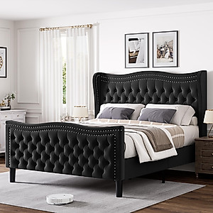 Generic Full Bed Frame, 52"" Headboard Upholstered Bed with Tall Footbaord, Velvet Upholstered Deep Button Tufted Wingback Platform Bed, No Box Spring Required/Wood Slat Support/Black