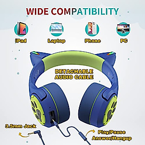 Kids Bluetooth Headphones, 2 Packs Cat Ear Headphones with LED Light, Boom Mic&Built-in Mic for Calls, 85dB Volume Limited Kids Headphones Wireless&Wired for School Tablet PC Phones (Purple&Blue)