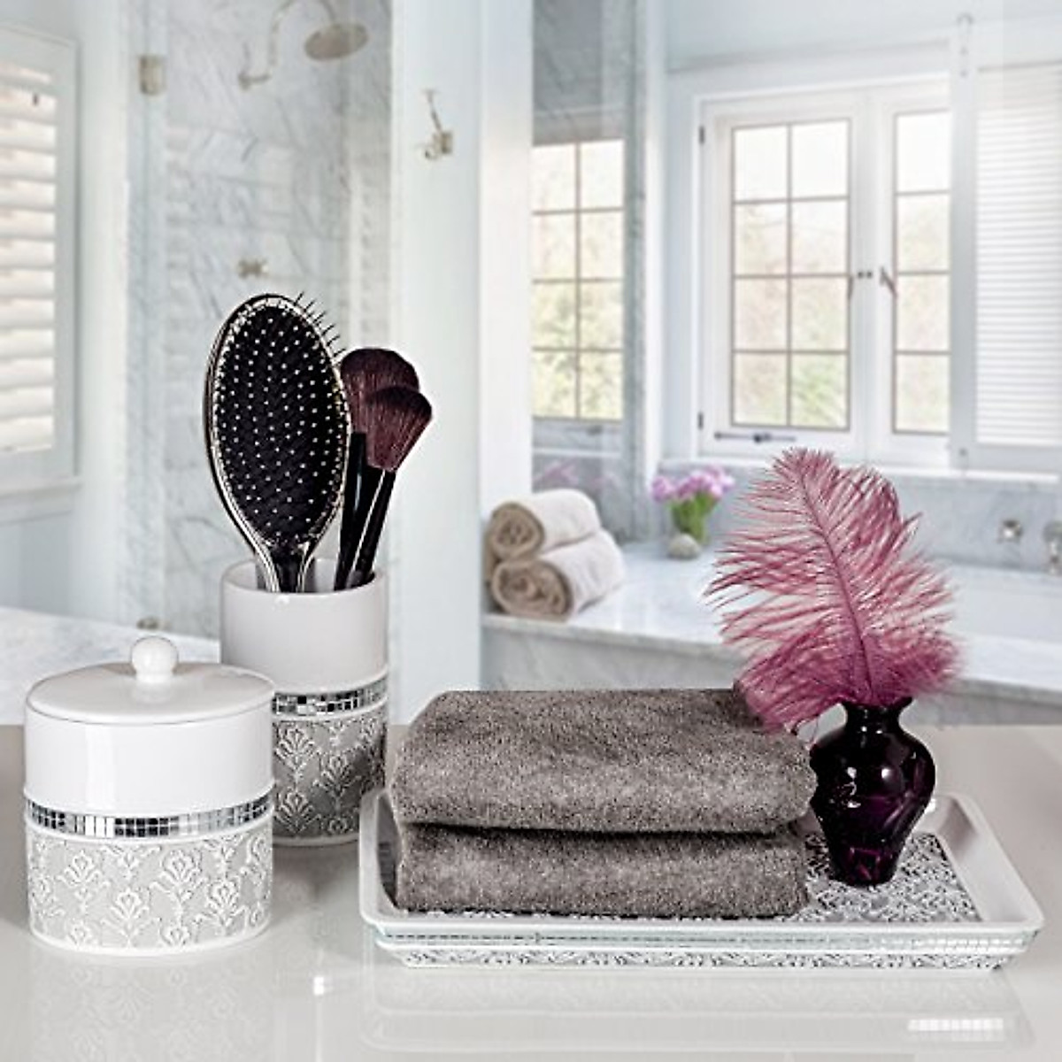 Creative Scents Mirror Damask Qtip Holder - Decorative Canister Jar, Durable Cotton Swab Ball Holder/Container - Beautiful Bathroom Vanity Accessories, Elegant Bath Accessories Storage (Gray & White)