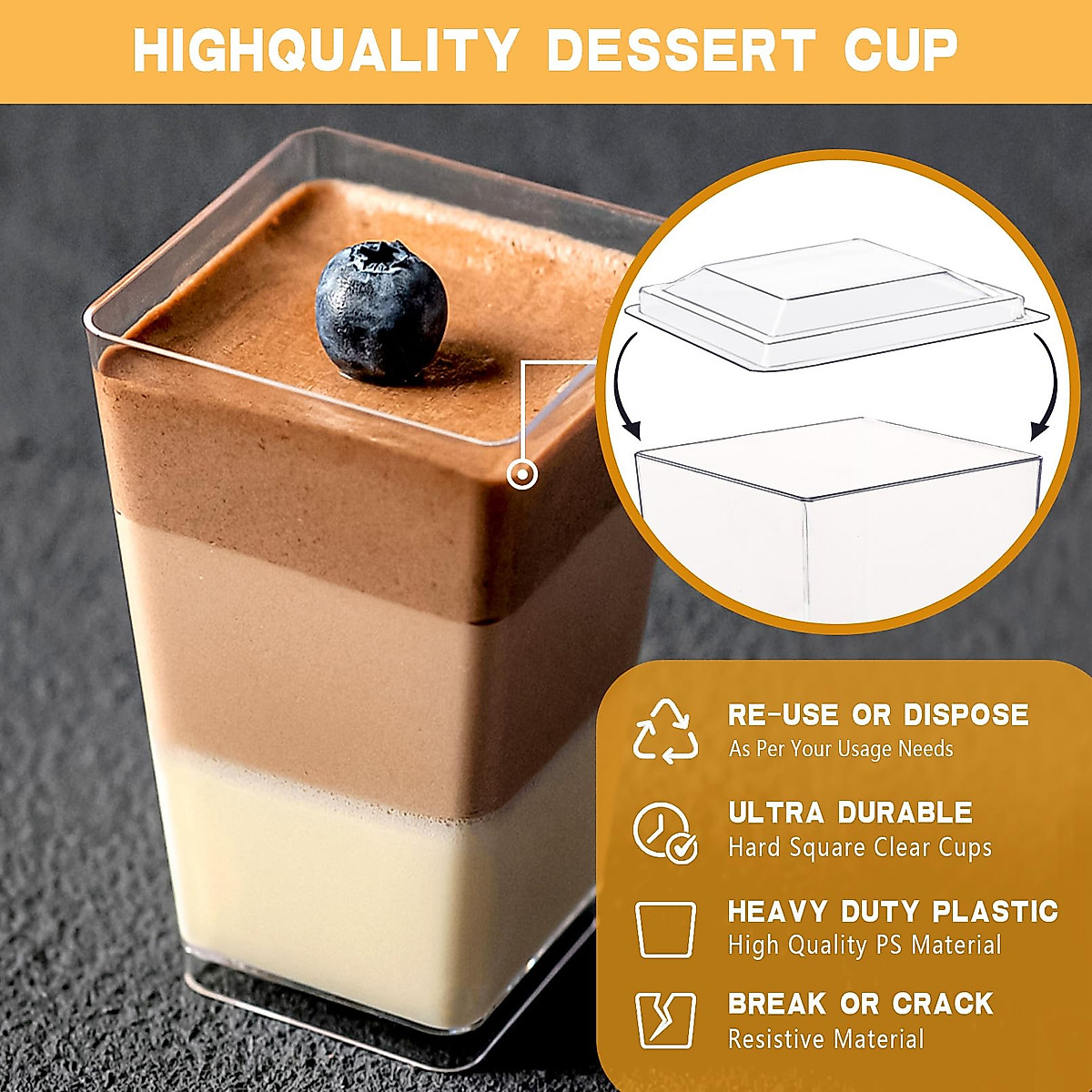 Vetory 50 Pack 3 oz Mini Dessert Cups,Plastic Dessert Cups with Lids and Spoons,Tall Square Clear Parfait Cups Appetizer Cups,Great for Tasting Party Desserts Appetizers Puddings Mousse