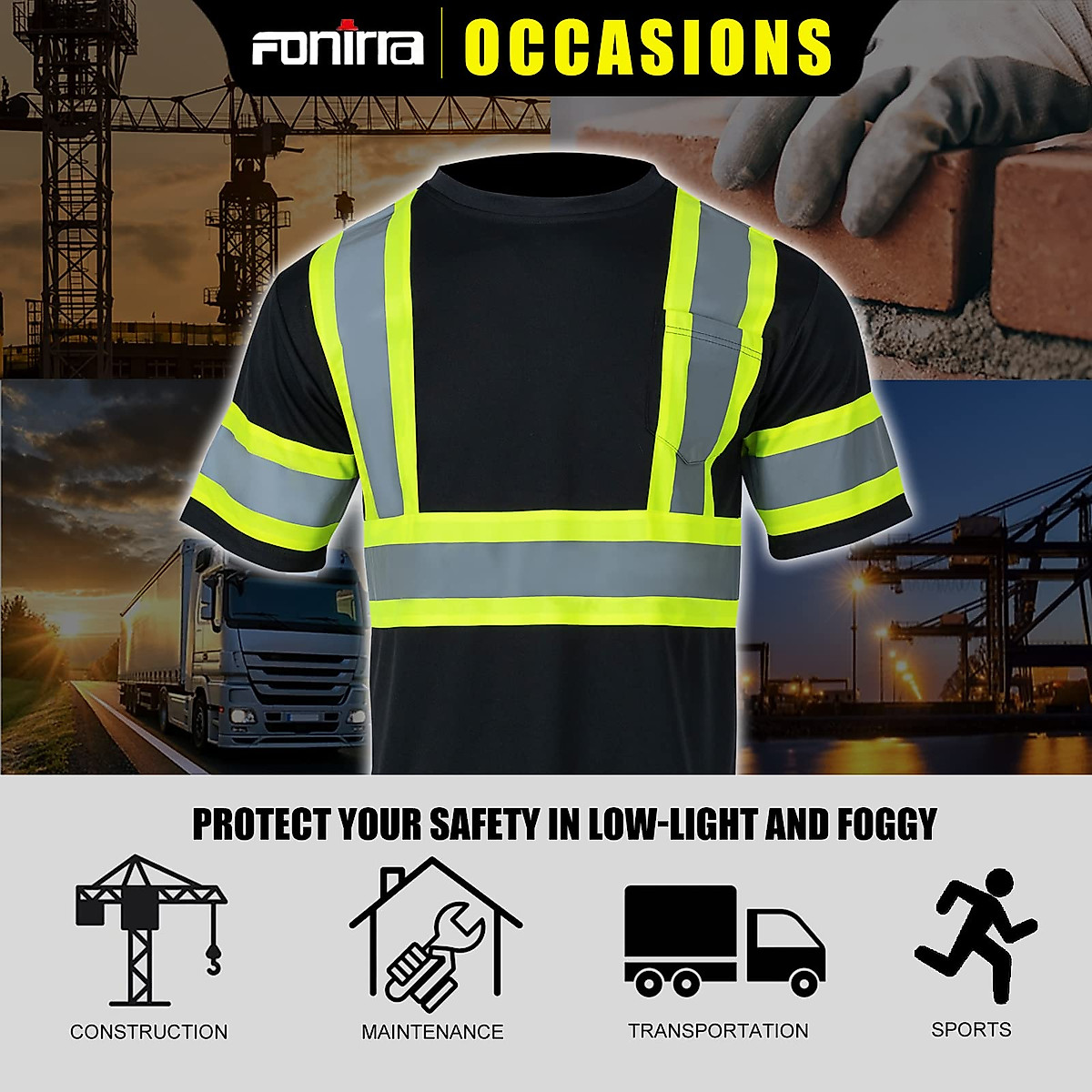 FONIRRA Safety Reflective High Visibility Shirt for Men ANSI Class 3 Hi Vis Construction Work Shirts with Short Sleeve(Black,L)