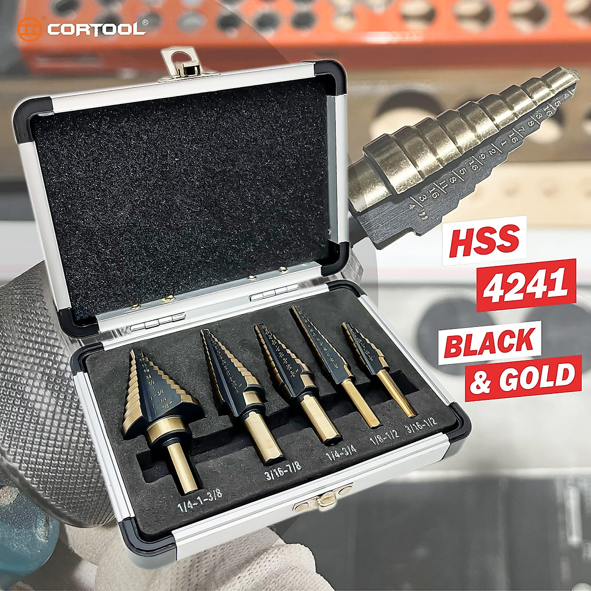 Step Drill Bits HSS 5PCS Titanium Step Drill Bit Set, 50 Sizes (1/8" to 1-3/8") High Speed Steel Unibit Drill Bits Set for Sheet Metal with Aluminum Case, Multiple Hole Stepped Up Bits for DIY Lovers