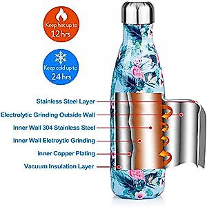 17oz Stainless Steel Travel Water Bottles, Double Wall Vacuum Insulated Reusable Leakproof BPA Free Cola Shape Thermos With Cleaning Brush, 24 Hours Cold 12 Hours Hot Metal Water Bottle, Blue Flamingo