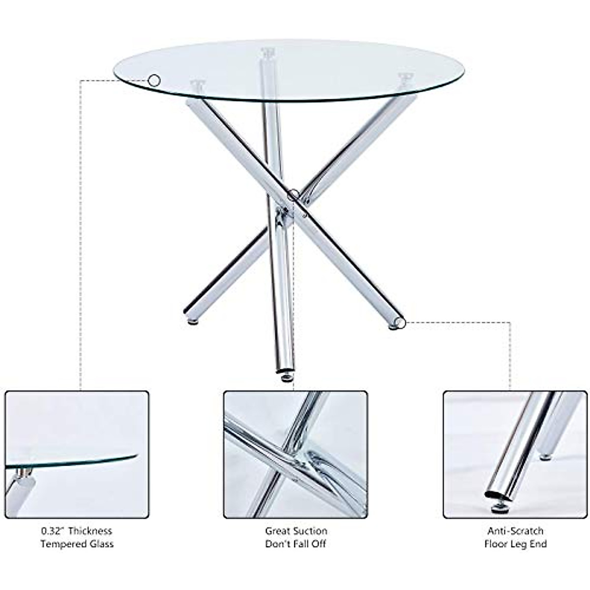 STYLIFING 3 Pieces Dining Room Table Set for 2 Round Clear Tempered Glass Top+2 White Faux Leather Kitchen Dining Room Table and Chairs Set for 2 Person Modern Kitchen & Dining Room Sets for Home
