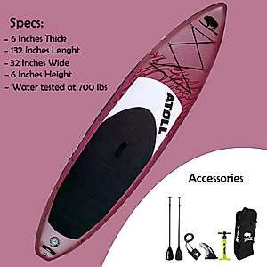 Atoll Inflatable Paddle Board with Premium SUP Stand Up Paddle Board Accessories & Back Pack, Non-Slip Comfort Deck for Unisex Adult - 11ft (Burgundy)