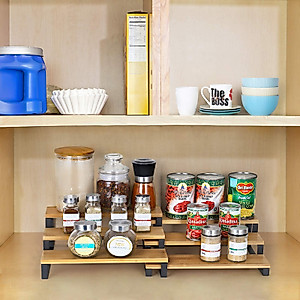 MOOACE 3 Tier Expandable Spice Rack Set (15.35"--22.2"L), Step Shelf Organizer for Cabinet Countertop Pantry, Set of 2