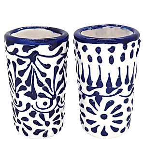 MEXTEQUIL - Talavera Shot Glasses Set of 4 Authentic Mexican Tequila Shot Glasses - Hand-painted - 2 Oz (Blue Lace)