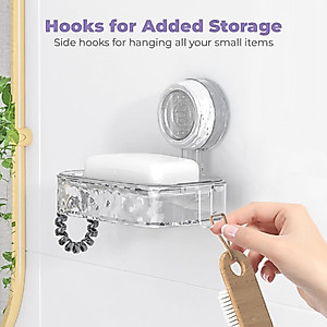 KatiKaddy Suction Soap Dish, Detachable Drip Tray & Removable Hooks, Soap Dish for Shower No Drilling Plastic Soap Dish Reusable Shower Soap Dish for Bathroom, Kitchen Living Room Clear, Transparent