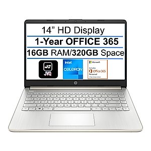 HP 2022 Newest Stream 14" HD Laptop, Intel Celeron N4020(up to 2.8GHz), 16GB RAM, 320GB Space(64GB eMMC+256GB Card), 1-Year Office 365, WiFi, HDMI, USB-C, Webcam, Bluetooth, Windows 10S, Gold+JVQ MP