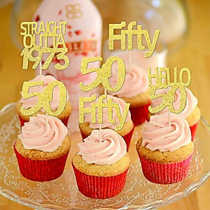 36PCS Happy 50th Birthday Cupcake Toppers Gold Glitter Fifty Hello 50 Straight Outta 1973 Cupcake Picks for Cheers to 50 Years Birthday Wedding Anniversary Party Cake Decorations Supplies