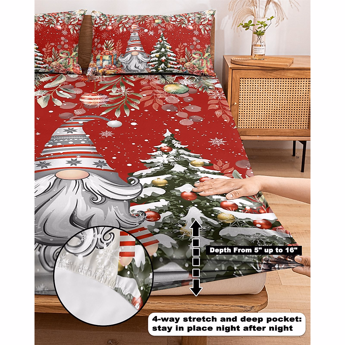 Red Christmas Fitted Sheet Set for Full Size Bed,Gnome Xmas Tree 3 Pieces Bedding Deep Pocket Bedsheet Fits Mattress Up to 16",Bottom Sheets for Bedroom Decor,Botanical Leaves