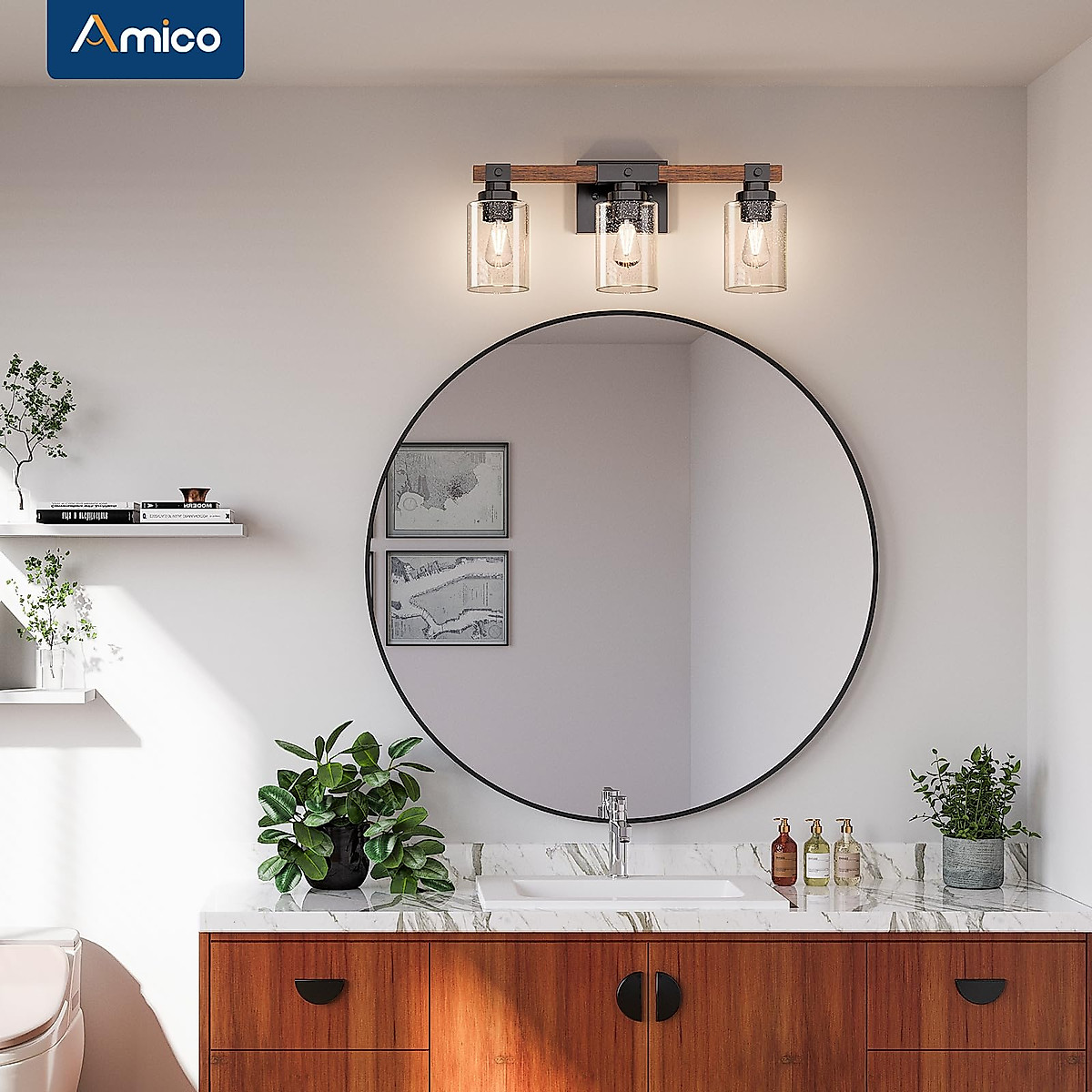 Amico 3-Light Farmhouse Vanity Light Fixture, Rustic Wood Bathroom Light Fixtures, Industrial Vintage Black Wall Sconces Light with Bubble Glass Shade for Mirror, Bedroom, Living Room, Hallway