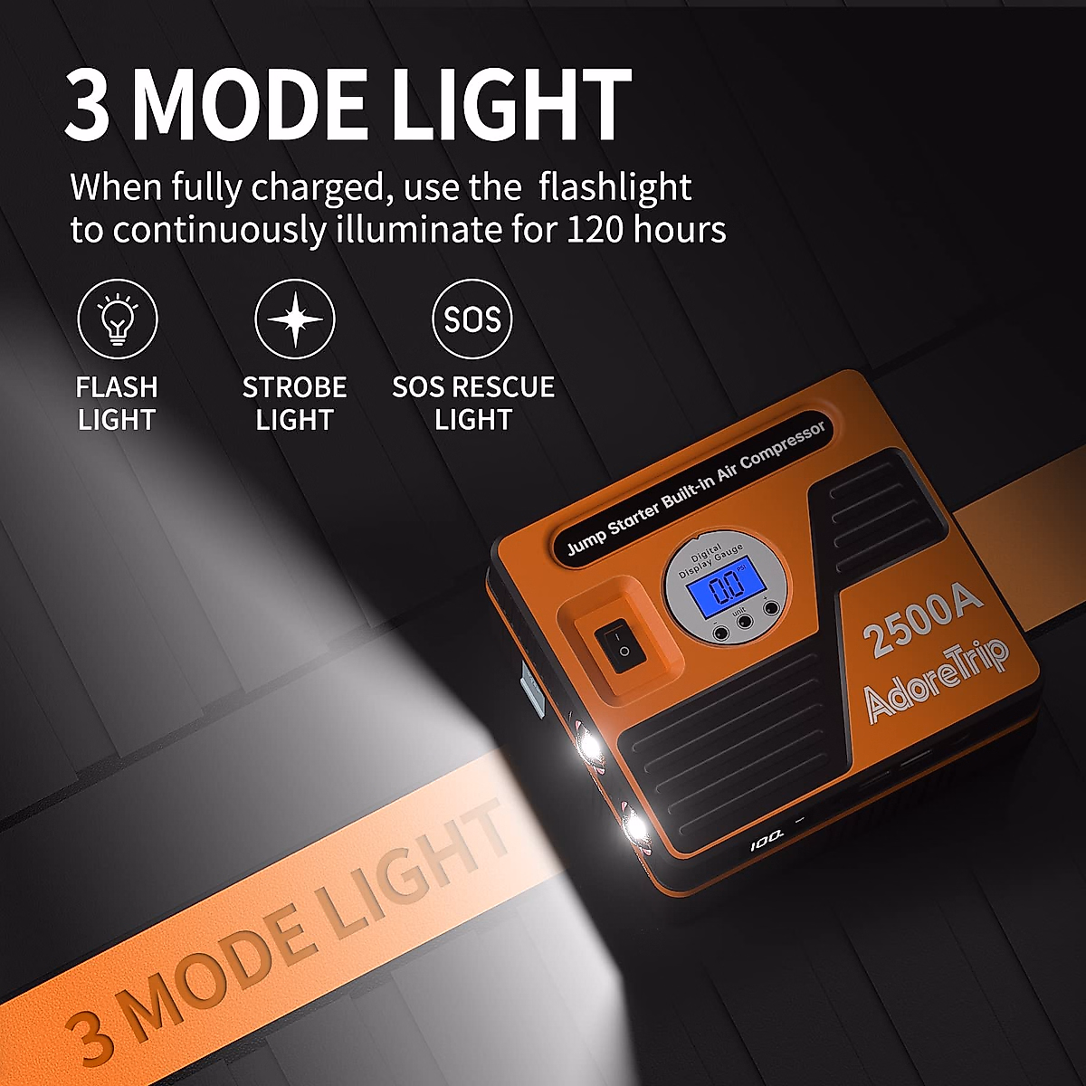 ADORETRIP Jump Starter with Air Compressor, 2500A 150PSI Car Battery Jump Starter (10.0L Gas/ 8.5LDiesel), 24000mAh 12V Jump Box Car Battery Jumper Starter Booster with Digital Display, 2 Lights