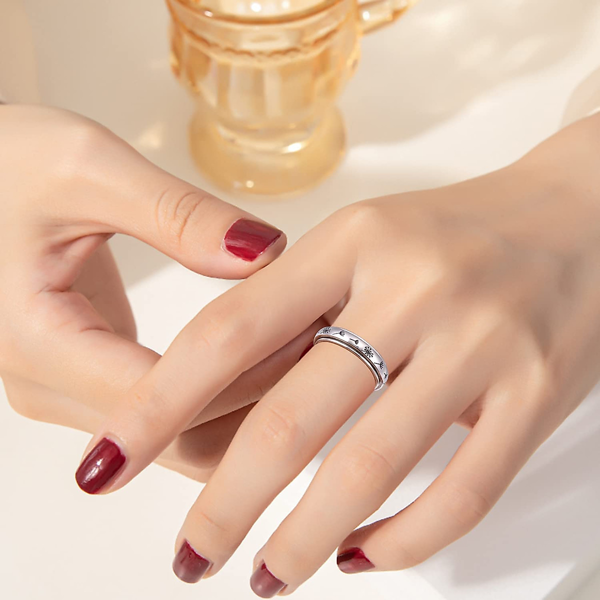 Birthday Gifts Just Breathe Spinner Ring for Women 925 Sterling Silver Dandelion Fidget Rings for Anxiety Stress Relieving ADHD Autism Rings Inspirational Boho Band Ring (9)