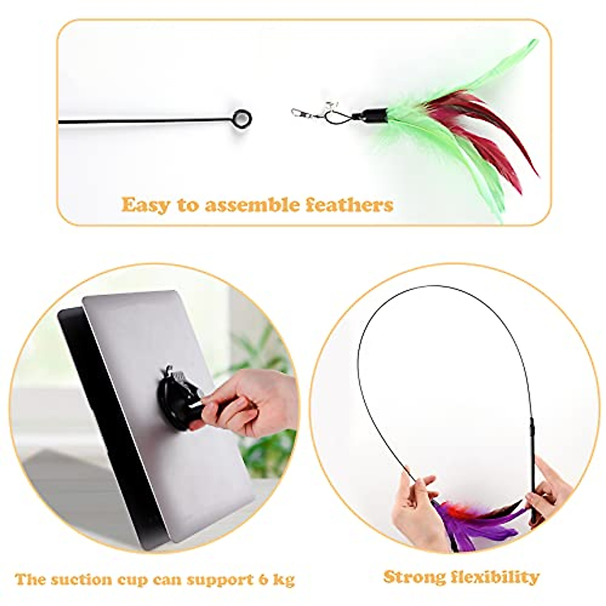 Cat Feather Toys Interactive Cats - Dorakitten Cat Powerful Suction Cup Handheld Teaser Wand Toy and 5PCS Replacement Feather with Bell for Kitty Kitten Scratching Exercise Indoor
