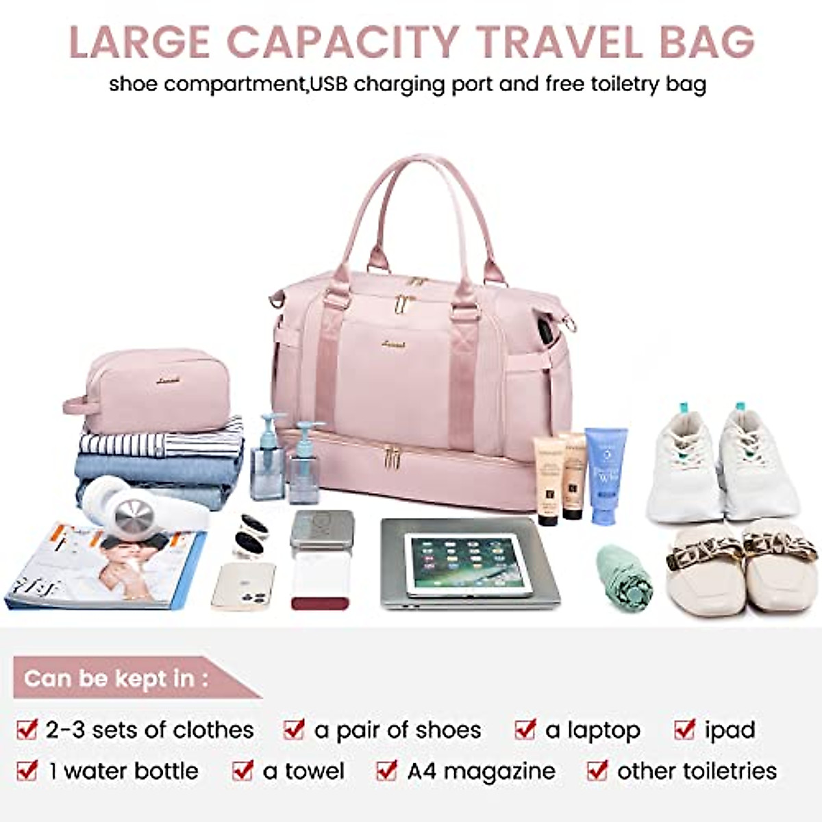 Gym Bag LOVEVOOK Travel Duffel Bag with USB Charging Port,Weekender Bags for Women with Shoe Compartment,Carry on Overnight Bag with Toiletry Bag,Hospital Bags for Labor and Deliver