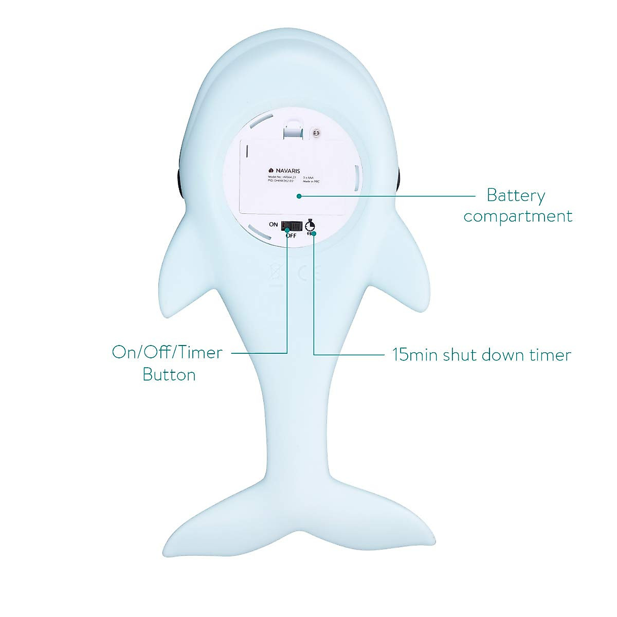 Navaris Narwhal Night Light - Battery Powered Color Changing LED Lamp for Kids, Baby Nursery, Boys, Girls - BPA-Free and Phthalate-Free - Light Blue