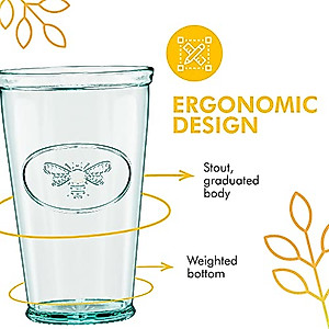 Amici Home Bee Hiball Glass | 16 Oz | Italian Made, Recycled Glass with Green Tint | Drinking Glass with Embossed Bee Design for Water, Juice, Cocktails (Set of 6)