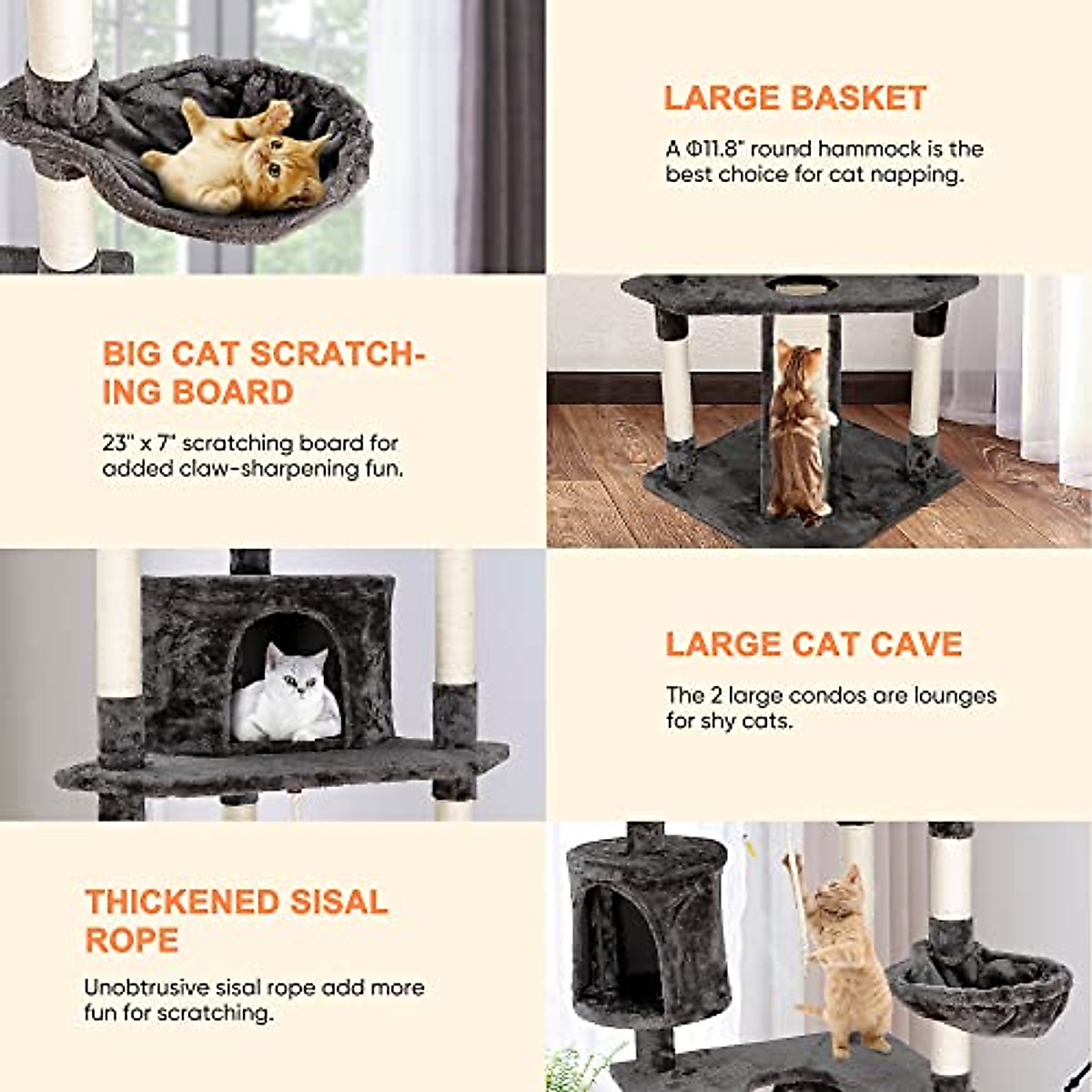79in Cat Tree Tower for Indoor Cats Multi-Level Cat Furniture Condo Kitten Kitty Pet House with Scratching Posts, Plush Perch, Condo and Hammock