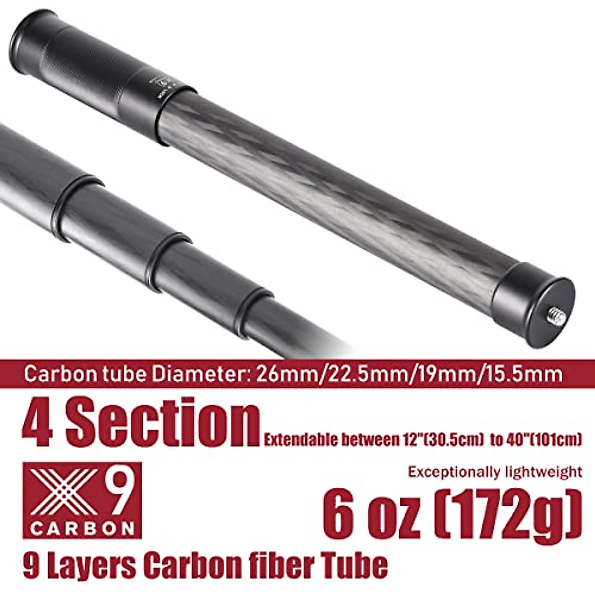 Carbon Fiber Extension Pole,Fast Twisting Lock 4 Section Tube,1/4" Screw Mount Compatible with Camera Phone Gimbal Stablizer Gopro DJI Osmo,Lightweight Digital Camera Selfie Stick