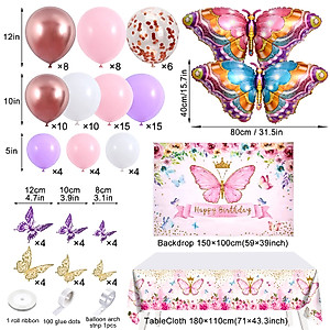 Winrayk Butterfly Birthday Party Decorations Girls Women, Pink Purple Butterfly Balloons Arch & Backdrop Tablecloth Butterfly Wall Decor Foil Balloons, Fairy Butterfly Theme Party Decorations Supplies