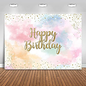 Mocsicka Rainbow Birthday Backdrop Colorful Watercolor Pastel Clouds Background Gold Glitter Confetti Sprinkles Birthday Party Cake Table Decoration Photo Booth Props (7x5ft)