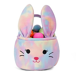 Easter Bunny Baskets for Kids, Egg Hunt Bags Plush Rabbit Bucket with Foldable Ears Easter Gifts for boys and girls