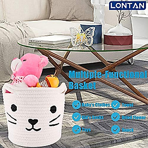 8''X7'' Small Baby Hamper White Cotton Rope Basket | LONTAN Washable Baby Nursery Hamper Cute Cat Design Baby Gift Basket Collapsible Organizer for Snacks, Pen