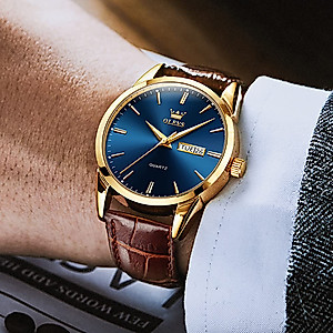 OLEVS Blue Men Leather Watch,Mens Watch Brown Leather,Mens Watch with Date and Day,Mens Watches Classic,Leather Band Watches for Men,Casual Men Watch Waterproof, Watch Men,Dress Mens Watch