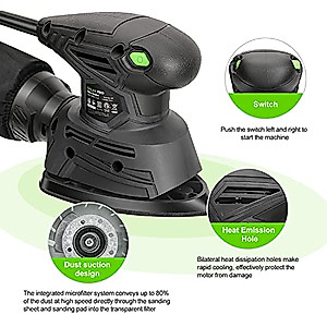 GALAX PRO Detail Sander, 1.1A Powerful Motor, 14000 OPM Compact Electric Sander with 16Pcs Sandpapers and Dust Bag, Soft Grip Handle for Comfortable Woodworking