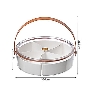 Clear Divided Serving Tray with Lid and Handle, Round Portable Plastic Veggie Tray Party Platter Food Storage Container Box for Snack Dried Fruit Nuts Candy Appetizer Vegetable