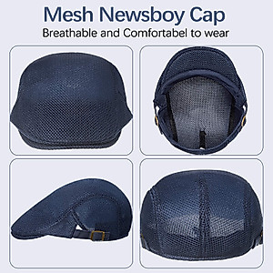 3 Pieces Newsboy Cap Mesh Breathable Summer Adjustable Cabbie Flat Beret (Light Gray, Navy Blue, Black)