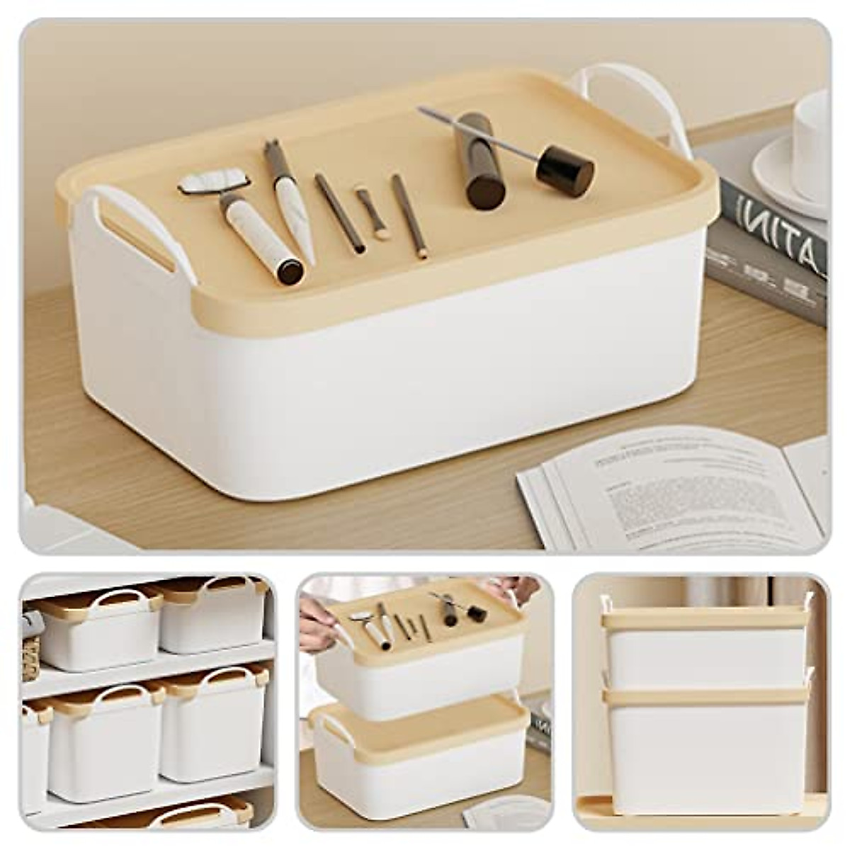 Cabilock 2pcs Plastic Storage Baskets with Lids Shelf Organizer Bins with Handle Stackable Storage Box Containers Makeup Cosmetic Organizer for Shelves Drawers Desktop Closet