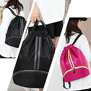 Valleycomfy Sports Drawstring Backpack - Water Resistant String Bag with Side Mesh Pockets Shoe Compartment Gym Backpack for Women & Men Black