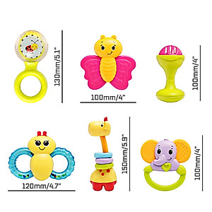 infunbebe Baby Rattles Teether Toy, Grab, Shaker & Spin Rattle, First Senses Shaking Bell Rattle Set for 3+ Months Infant, 6 Pcs