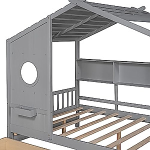 BOVZA Full Size House Bed with 2 Storage Drawers, Kids Bed with Storage Shelf, Wooden House Bed with Roof for Kids Boys Girls Teens, Gray