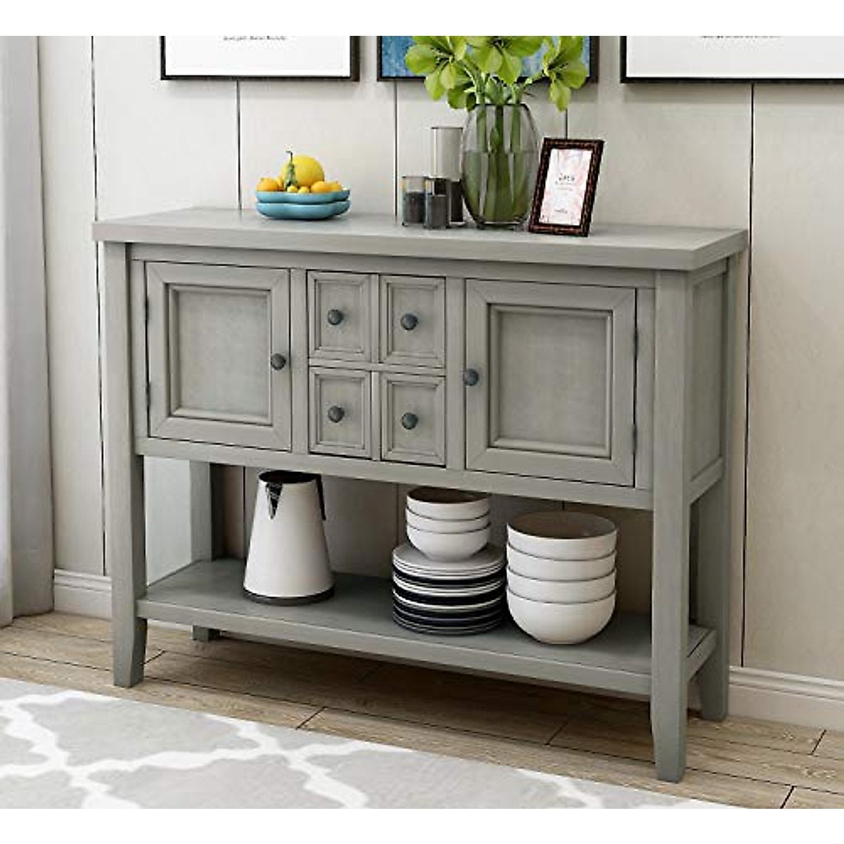 46 inch Solid Wood Console Table Series Buffet Sideboard Sofa Table with 4 Drawers/2 Doors Cabinet/Bottom Display Shelf for Living Room, Kitchen, Dining Room, Entryway and Hallway