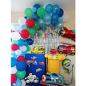 BIRLON Construction Birthday Party Supply, Transport Vehicle Theme Decoration for Boy Baby Shower, Red Green Yellow Blue Balloon Garland Arch Kit Car Reusable Truck Plane Train Police School Bus Foil