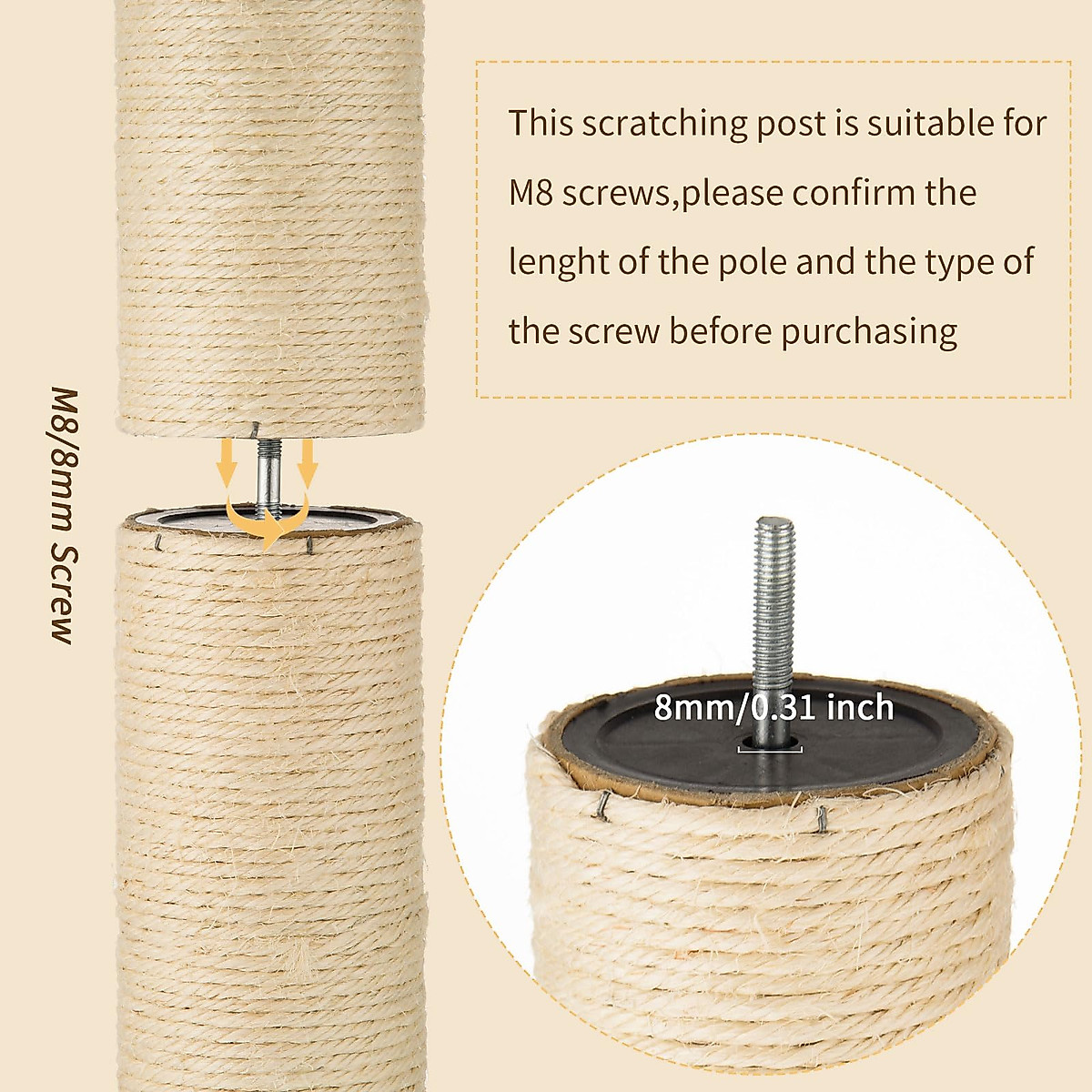 2 Root Cat Scratching Post Replacement 17.72x3.54 Cat Tree Scratch Post Replacement Natural Sisal Pole Cat Scratch Post Refill Pole Part with M8 Screws for Kitten Tree Tower Cat Furniture Accessories
