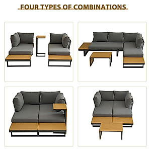 YOEEMZ Aluminum Patio Furniture Set, Outdoor Sectional L-Shaped Sofa or Daybed with Faux Wood Table, Modular Design, 4 Configurable Shapes, Grey